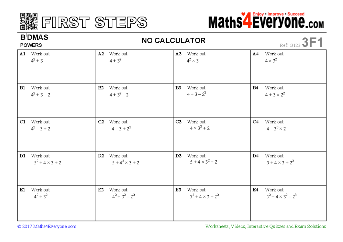 SR bidmas powers - Worksheet - B I DMAS POWERS © 2017 Maths4Everyone ...