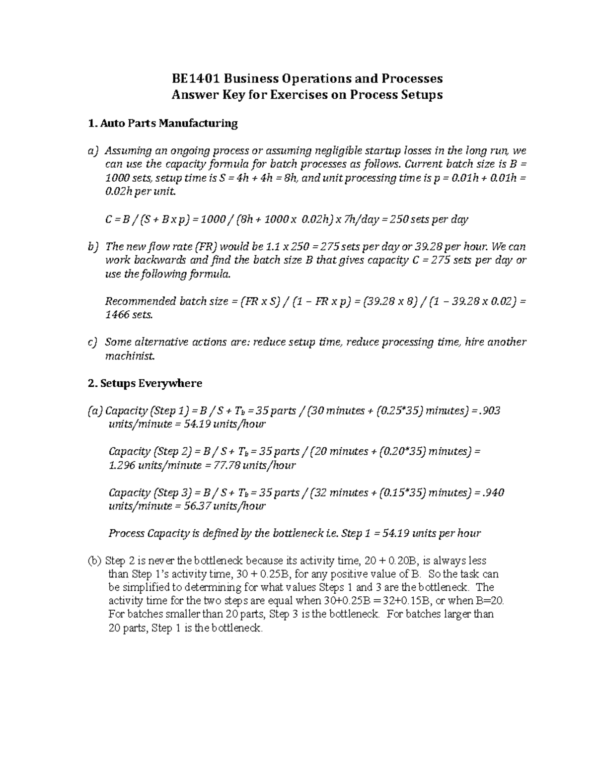 Exercises-setups-tutorial solution NTU - BE1401 Business Operations and Processes Answer Key for ...