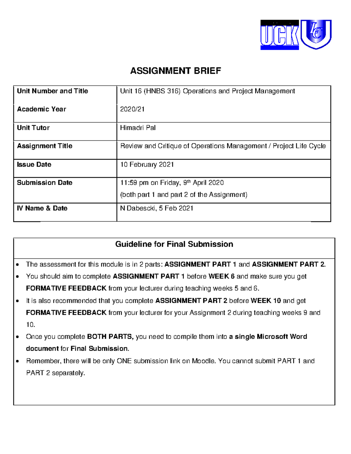 Operations and Project Management-L5 2021 - ASSIGNMENT BRIEF Unit ...