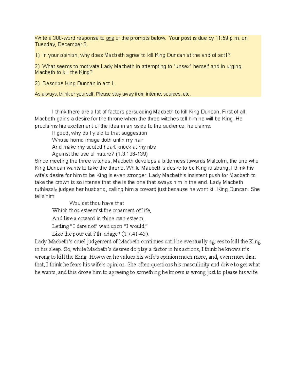 Shakes- macbeth post - Write a 300-word response to one of the prompts ...