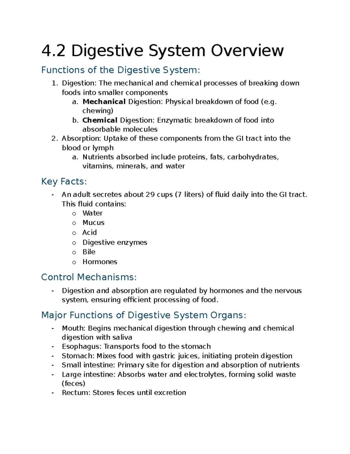 Nutrition 4 - Textbook Notes - 4 Digestive System Overview Functions of ...