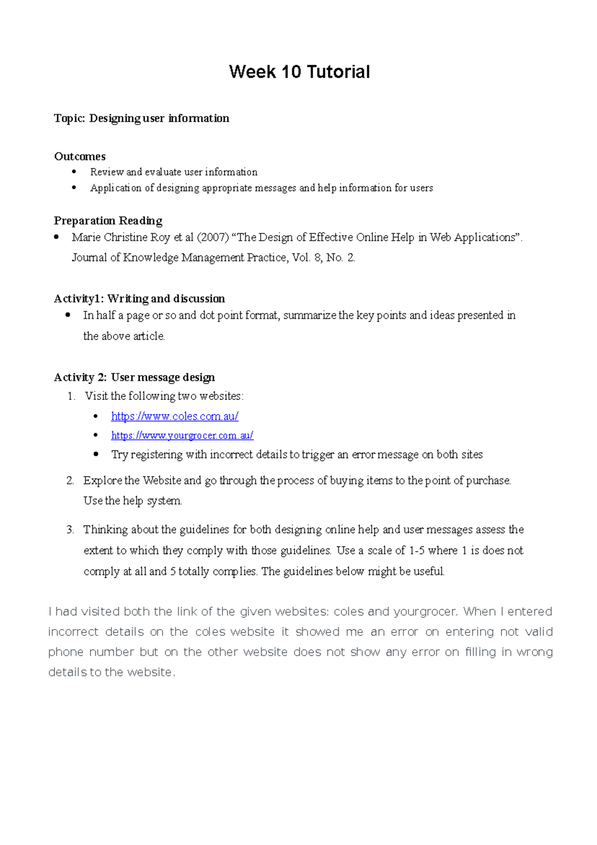 Tute 10 user messages - Week 10 Tutorial Topic: Designing user ...