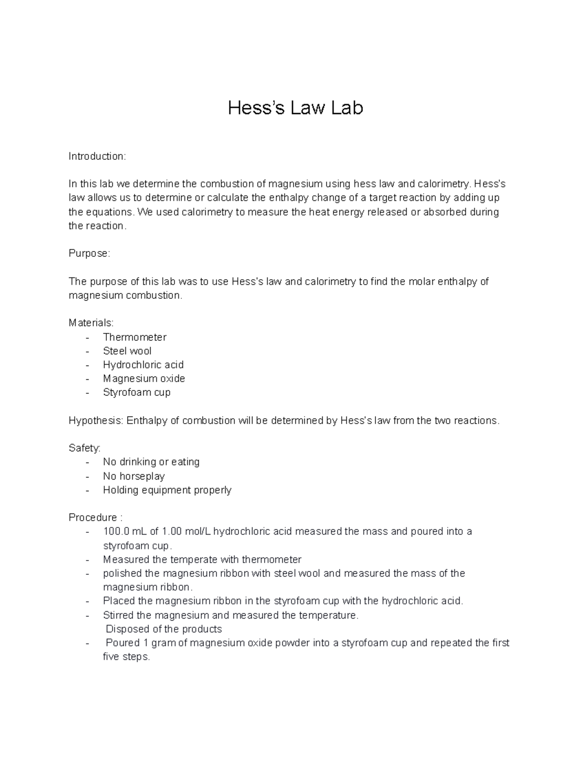 Hess Law Lab - Hess Law Lab Chemistry 12 - Hess’s Law Lab Introduction ...