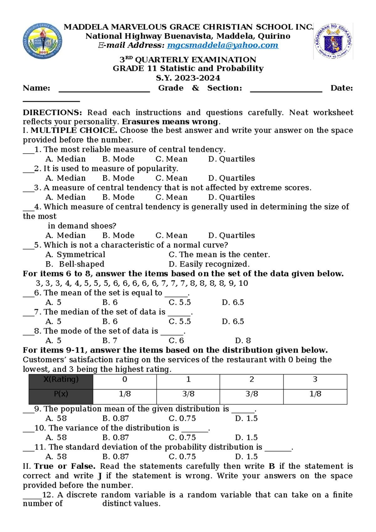 STAT AND PROB 11 Midterms - MADDELA MARVELOUS GRACE CHRISTIAN SCHOOL ...