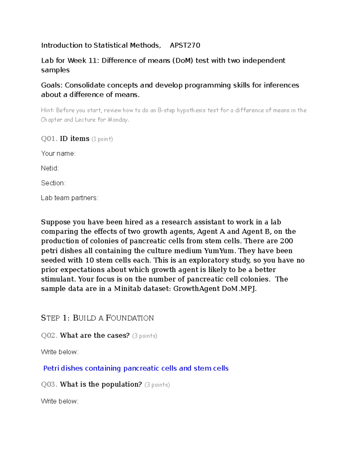 Week 8 Lab Report Introduction To Statistical Methods Apst Lab For Week 11 Difference Of