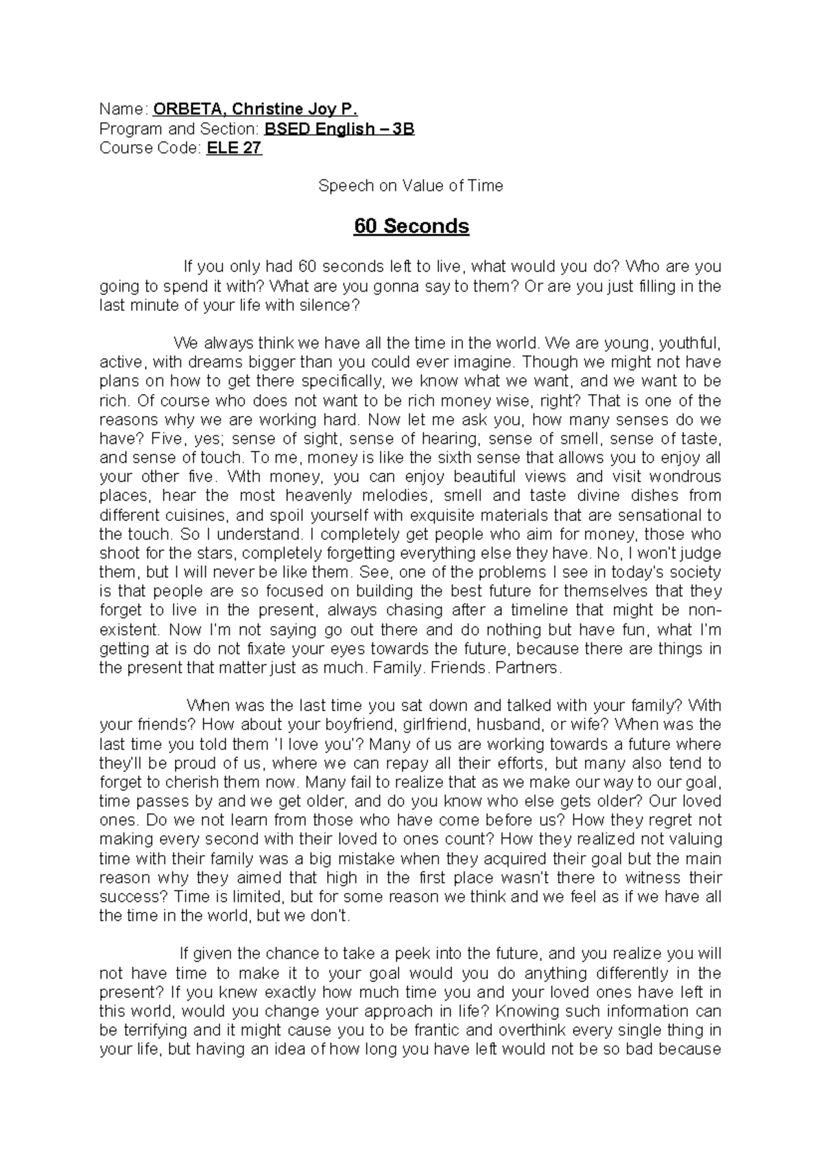Speech on Value of Time - Study mat - Name: ORBETA, Christine Joy P ...