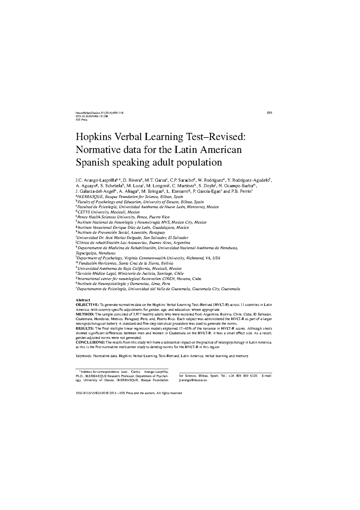 Hopkins Verbal Learning Test–Revised Normative data for the Latin ...