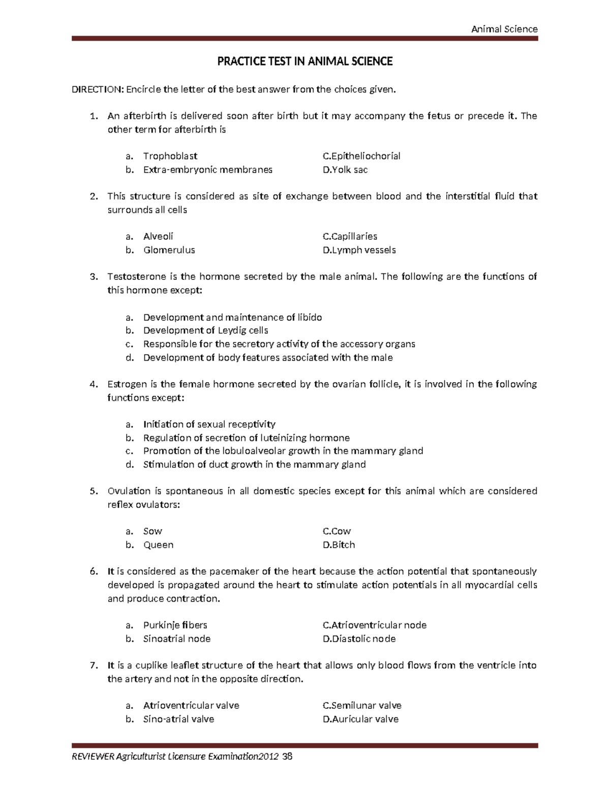 Animal Science mock test - PRACTICE TEST IN ANIMAL SCIENCE DIRECTION ...