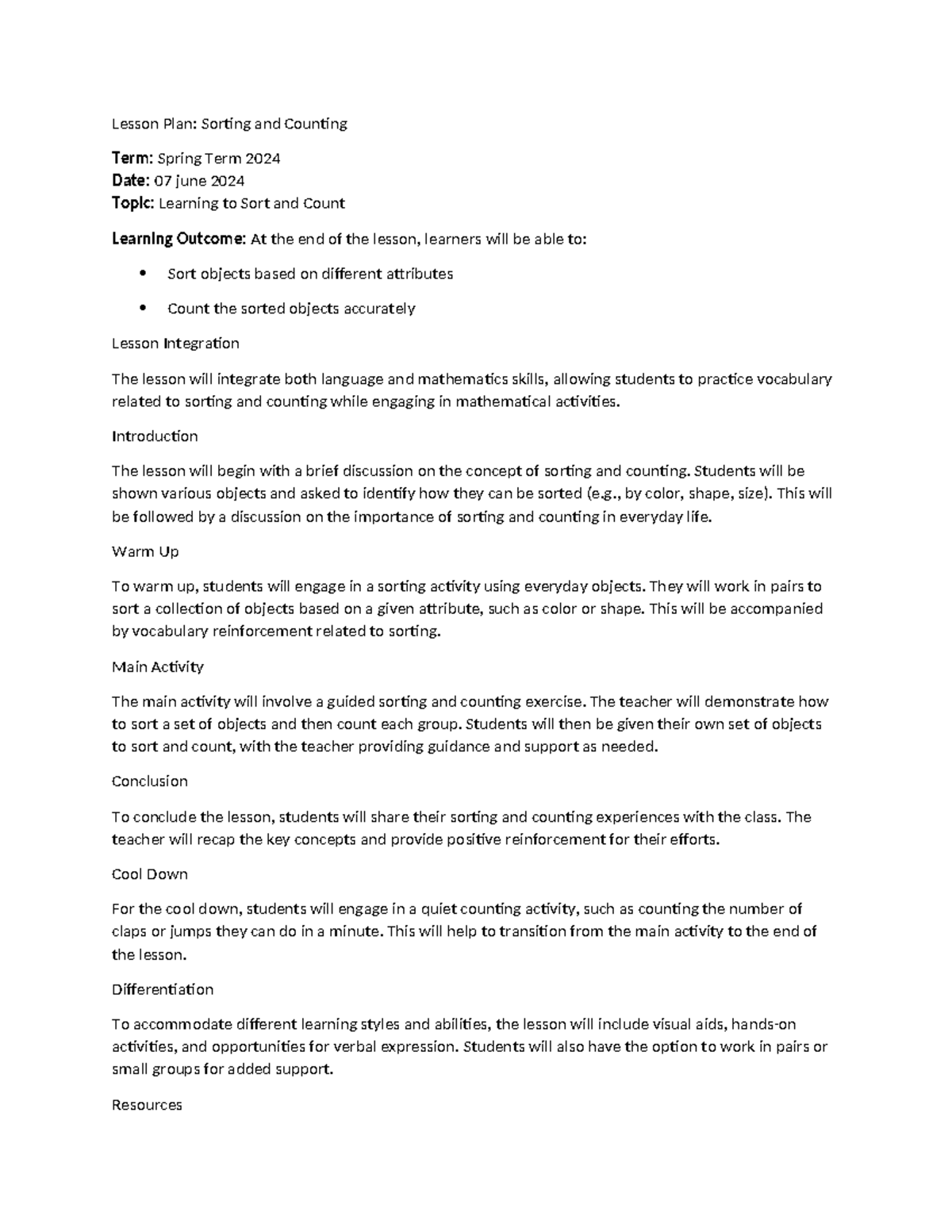 Grade R lesson 5 - assignments - Lesson Plan: Sorting and Counting Term ...