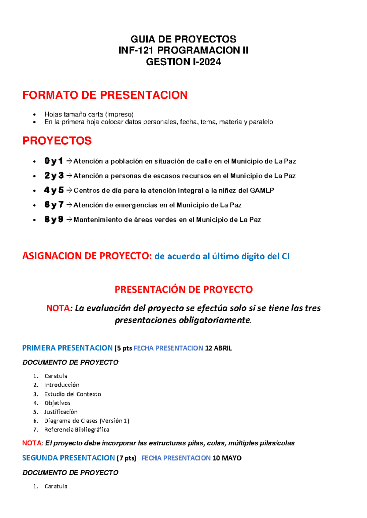 Guia de proyectos Prog II I-2024 - GUIA DE PROYECTOS INF-121 PROGRAMACION II GESTION I- 2024 ...