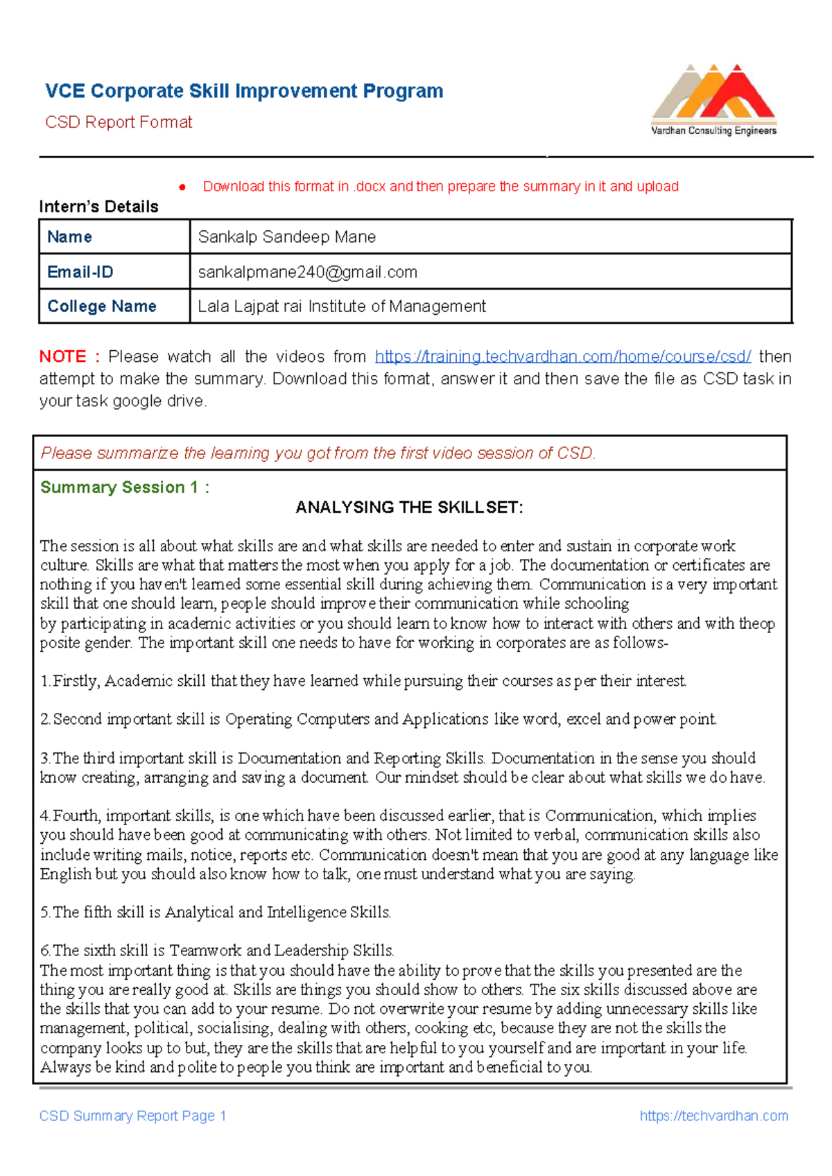 Csd Task Csd Report Format Download This Format In Docx And Then