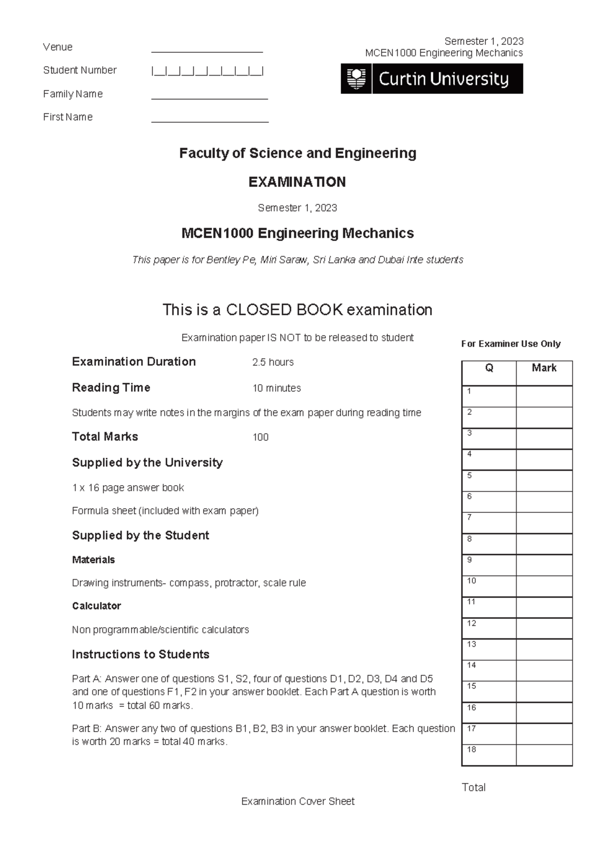 MCEN1000-Engineering Mechanics-2023-S1-Final - ####### MCEN1000 Engineering Mechanics ...