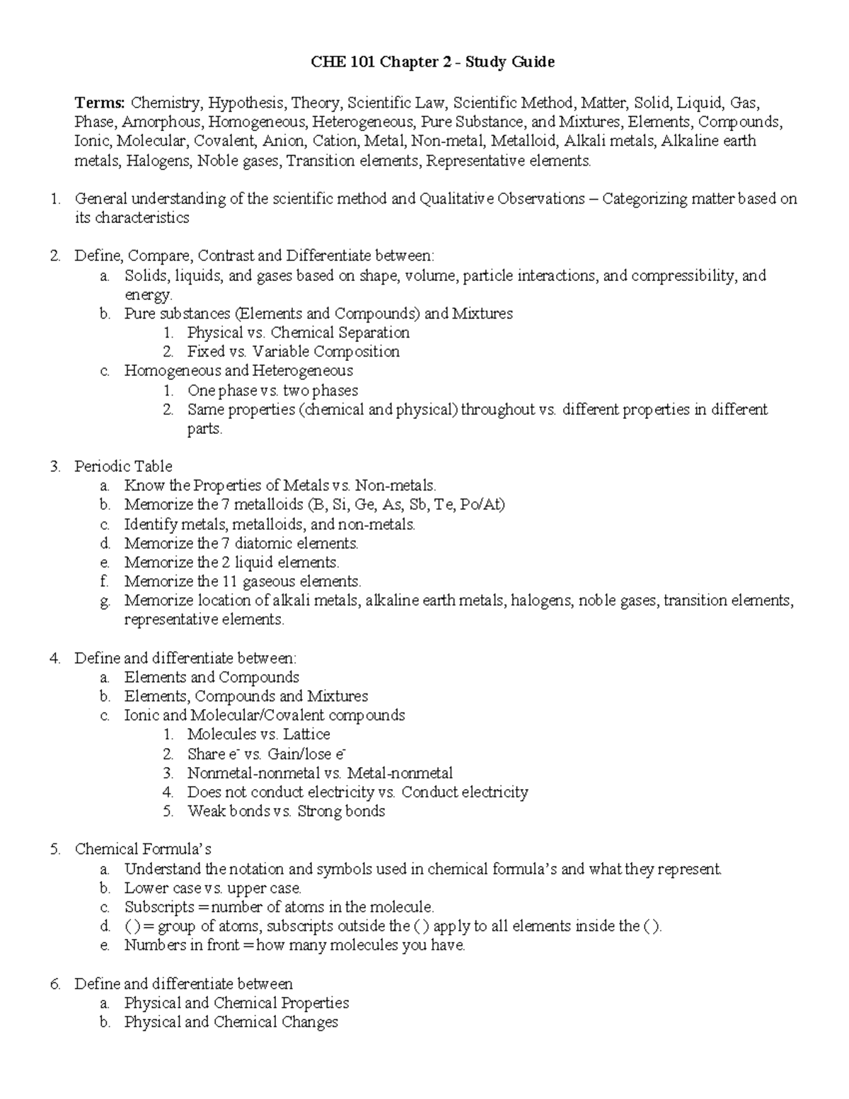 CHE101 Study Guide Ch2 - CHE 101 Chapter 2 - Study Guide Terms: Chemistry, Hypothesis, Theory ...