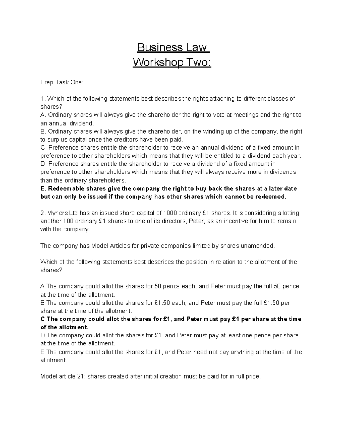 Workshop 2 BL2 - Lecture Notes - Business Law Workshop Two: Prep Task ...
