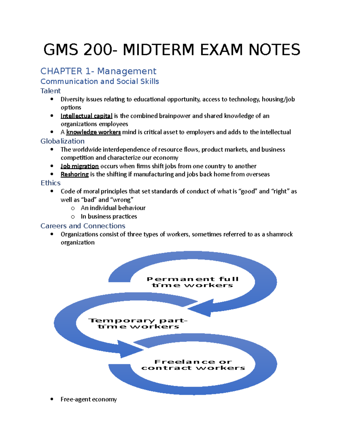 Midterm Exam Notes - GMS 200- MIDTERM EXAM NOTES CHAPTER 1- Management ...