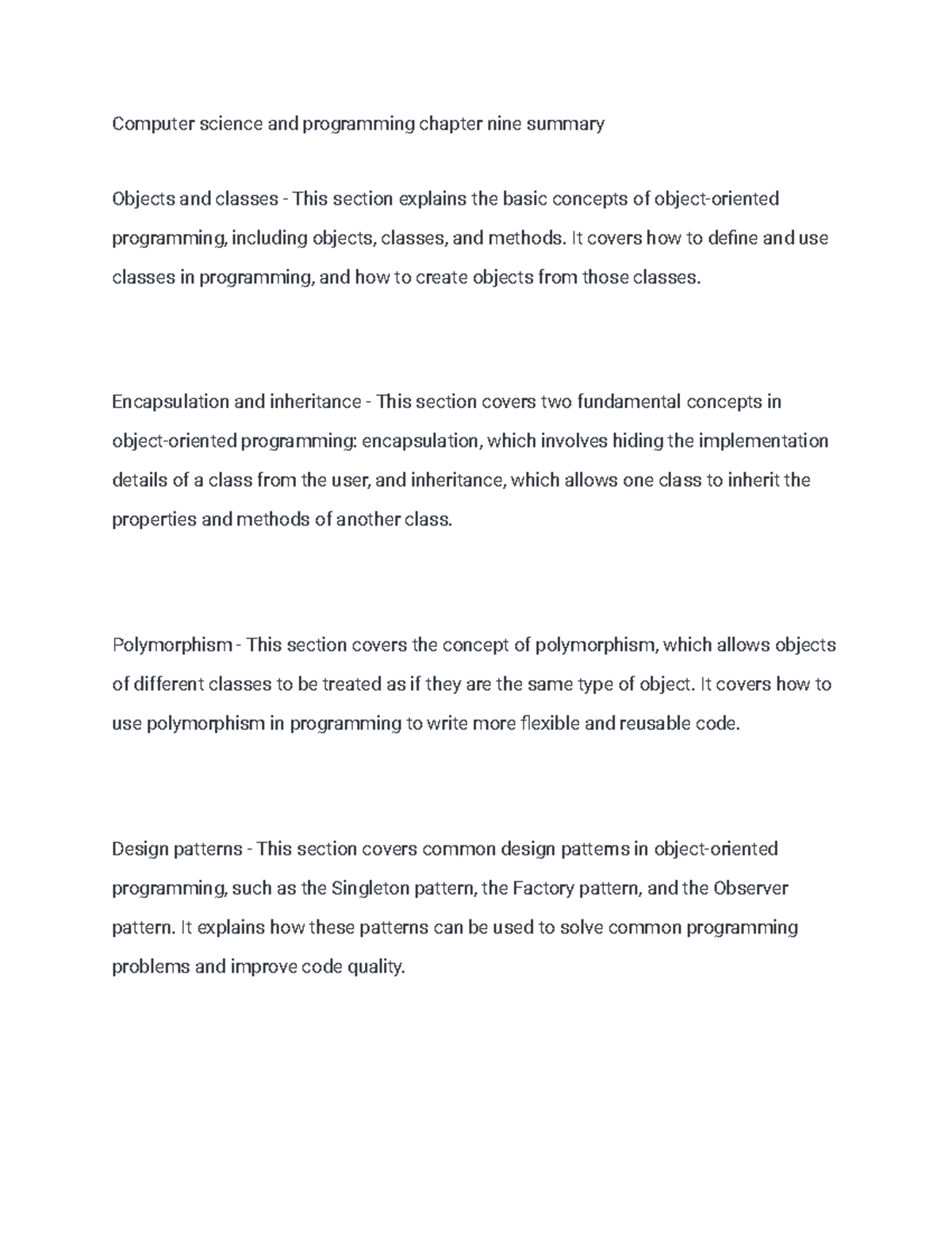 Computer science and programming chapter nine summary - It covers how ...