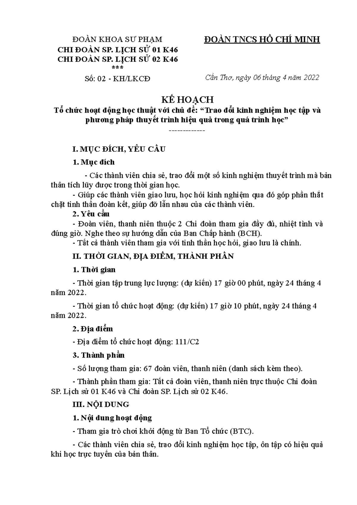 KH-LKCD-HDHT-SP. Lịch sử 01 K46, SP. Lịch sử 02 K46 - ĐOÀN KHOA SƯ PHẠM ...