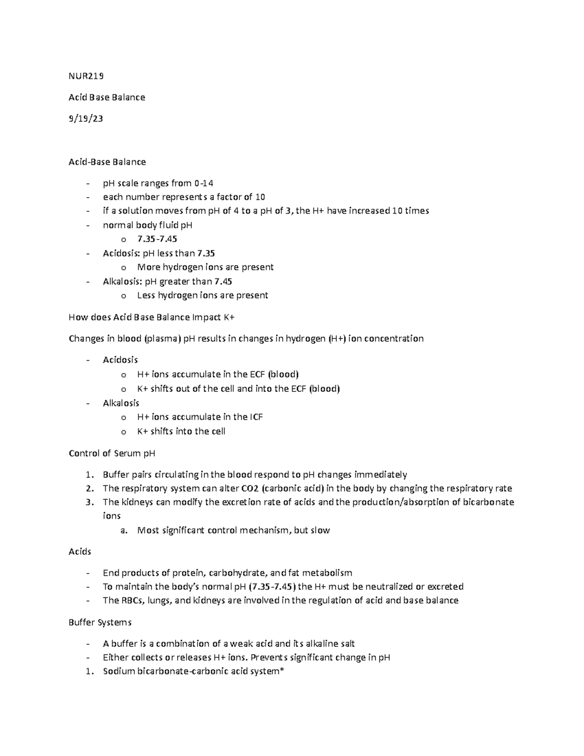 Acid-base balance notes - NUR Acid Base Balance 9/19/ Acid-Base Balance ...