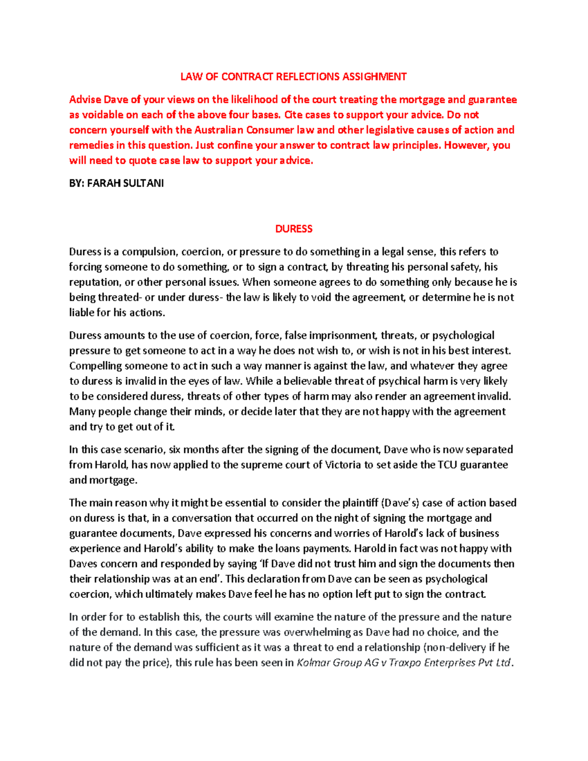 Law of contract - LAW OF CONTRACT REFLECTIONS ASSIGHMENT Advise Dave of ...