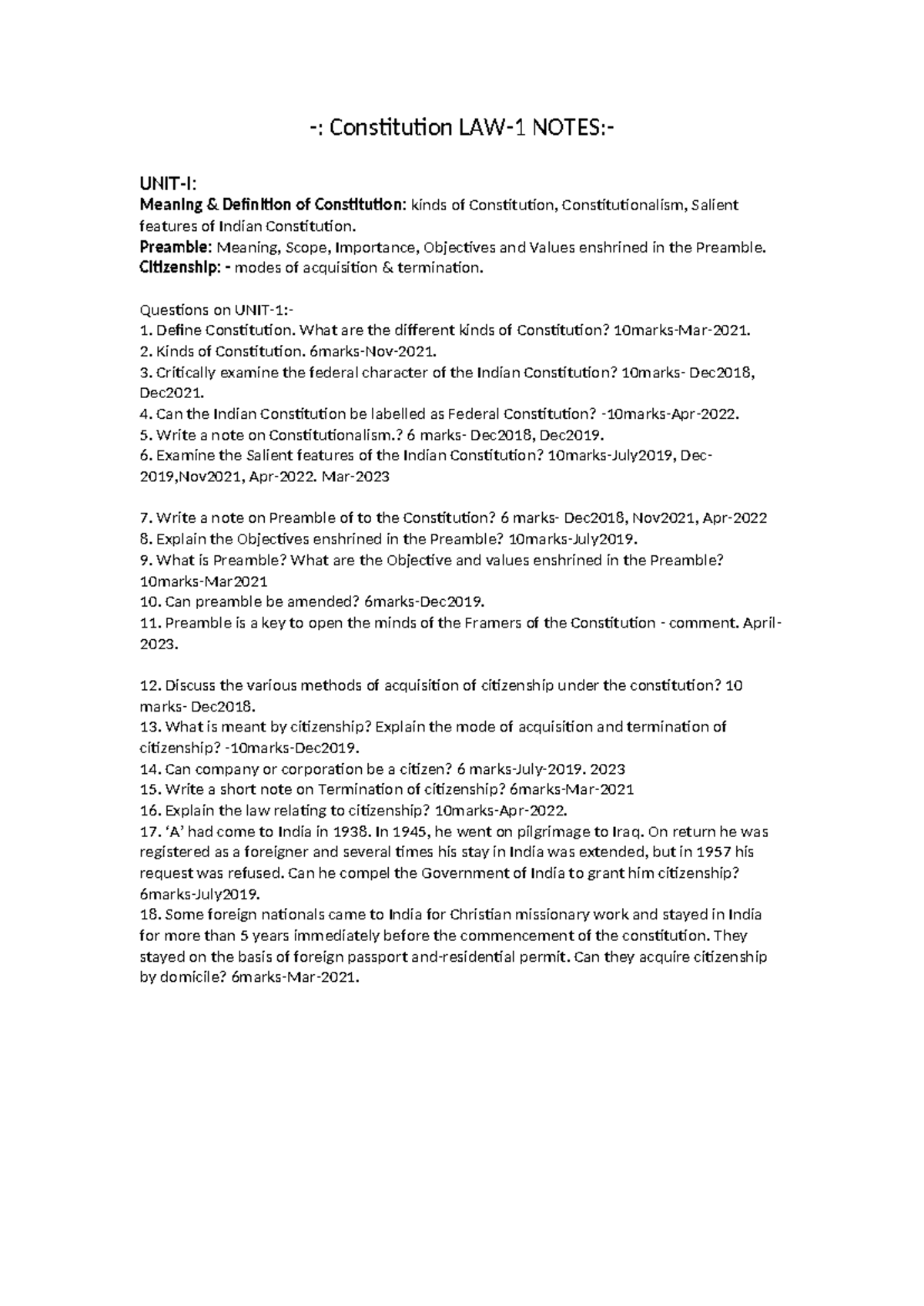 CL-1 Notes - CL note ontes -: Constitution LAW-1 NOTES:- UNIT-I ...
