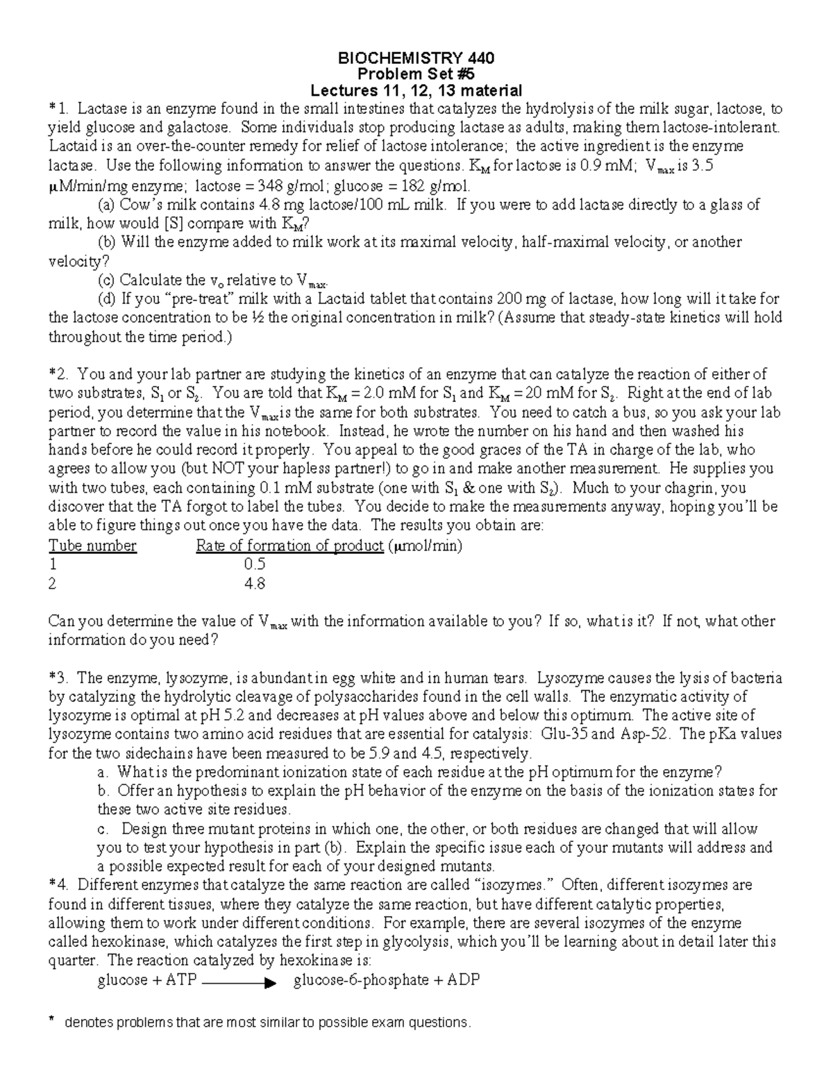 Homework 5 2019 - BIOCHEMISTRY 440 Problem Set # Lectures 11, 12, 13 ...