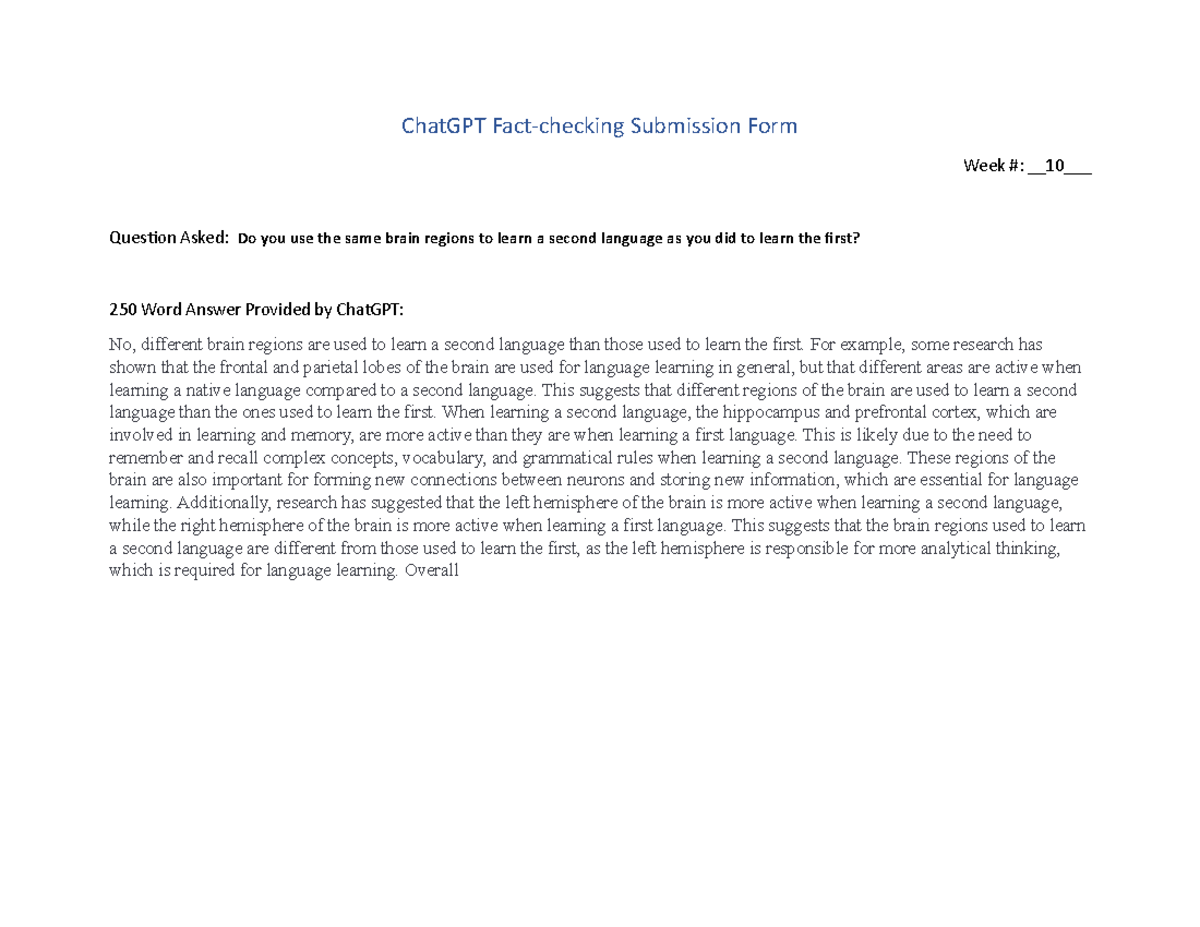 Chat GPT Fact-checking Assignment(10) - ChatGPT Fact-checking Submission Form Week #: 10 ...