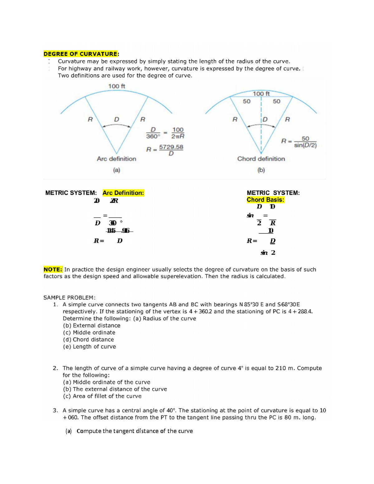 Reverse Curves 2 - Lecture notes 2 - (a) Compute the tangent distance ...
