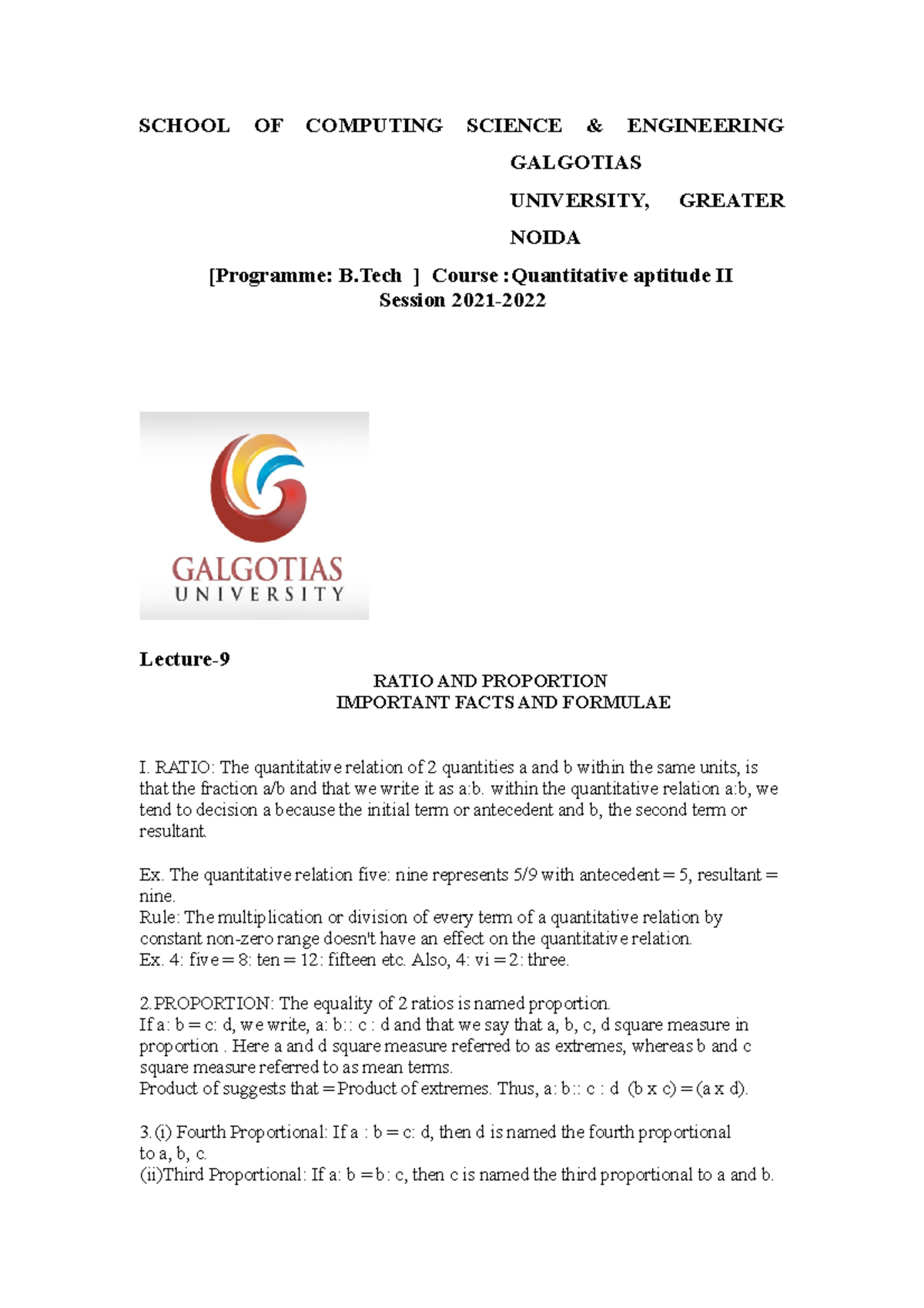 Quantitative aptiitude lecture 9 @ Galgotias university - SCHOOL OF COMPUTING SCIENCE & - Studocu