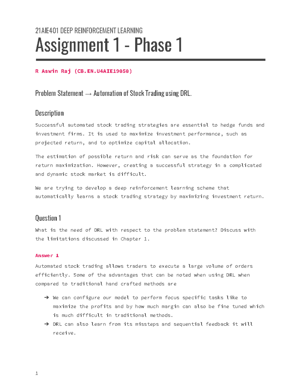 R Aswin Raj CB - sowmya - 21AIE401 DEEP REINFORCEMENT LEARNING Assignment 1 - Phase 1 R Aswin ...
