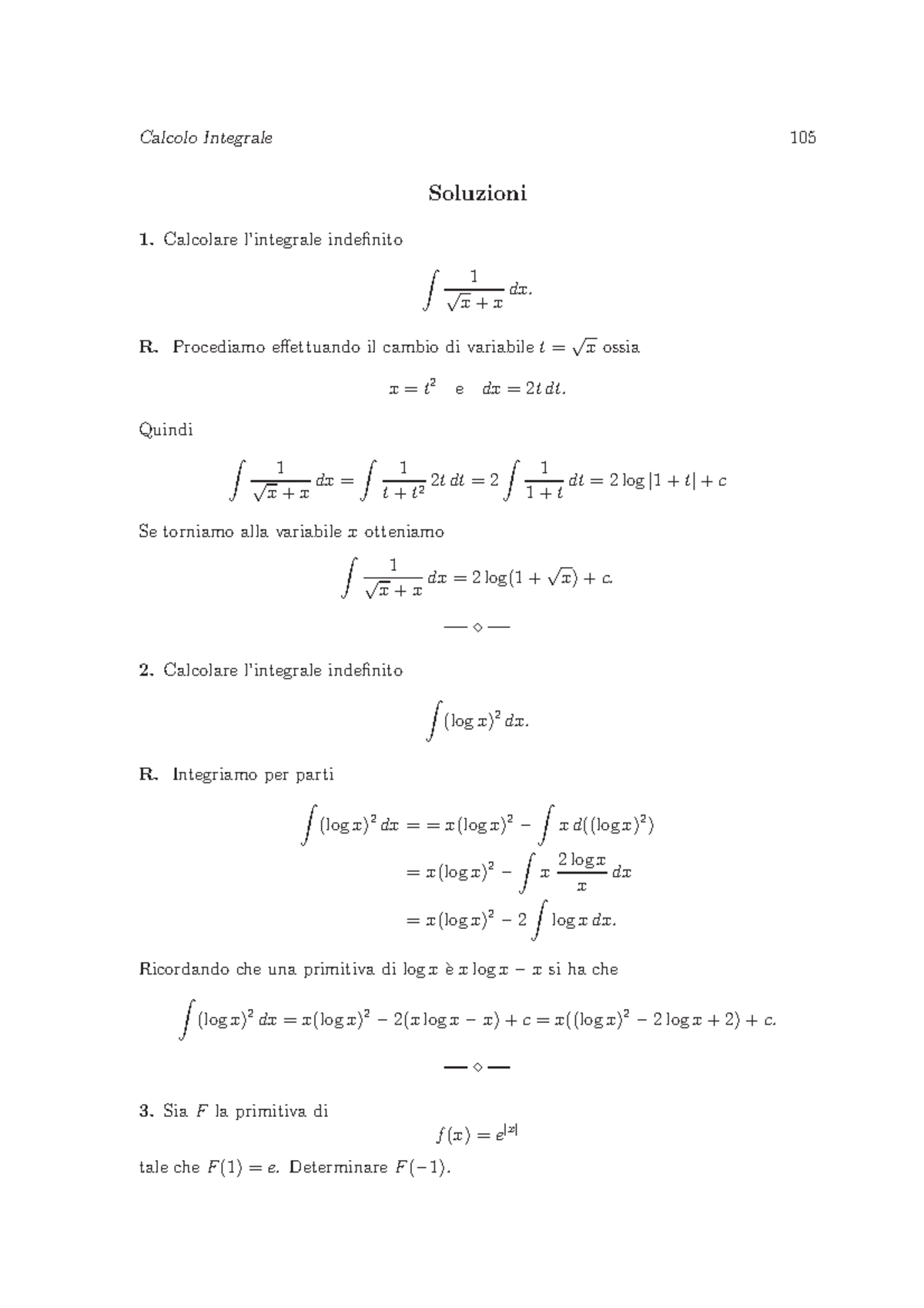 Esercizi - Calcolo integrale - Testo - 105 Calcolo Integrale Soluzioni ...