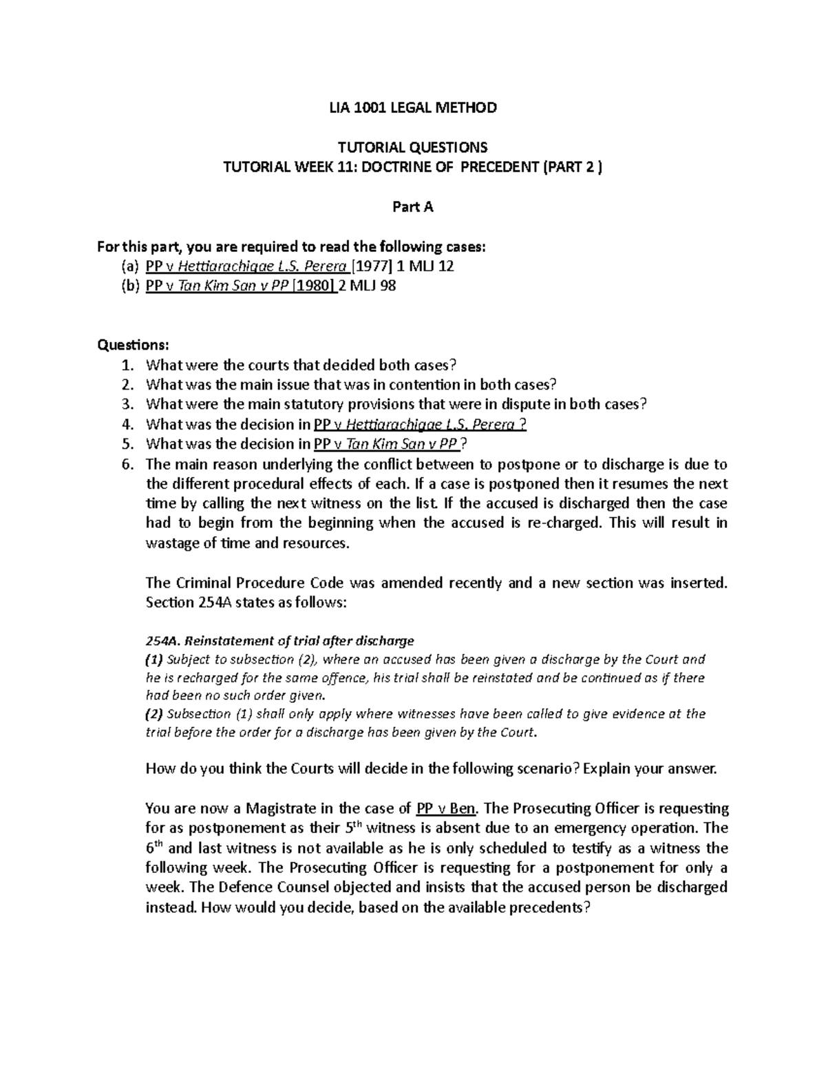 Tutorial WEEK 11 Stare Decisis Part 3 - LIA 1001 LEGAL METHOD TUTORIAL QUESTIONS TUTORIAL WEEK ...