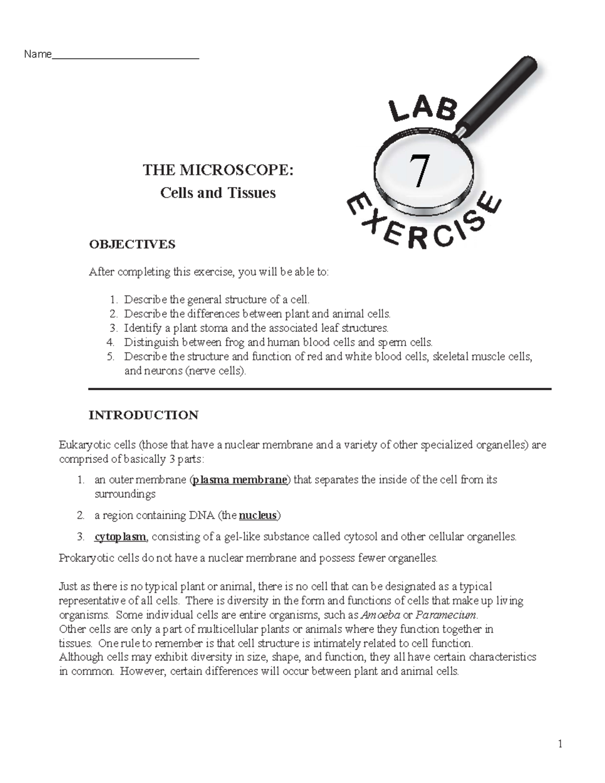 Lab7 Microscopy and Cells - Name THE MICROSCOPE: Cells and Tissues ...