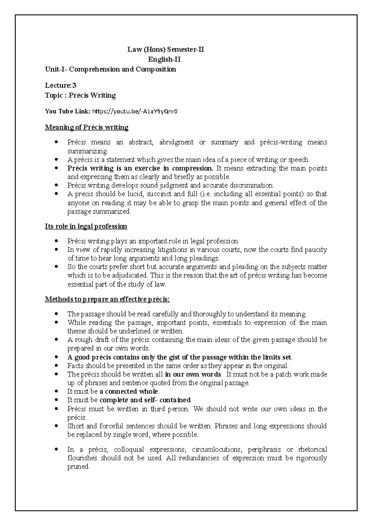 Precis Writing One Liner Law Hons Semester Ii English Ii Unit I Comprehension And 