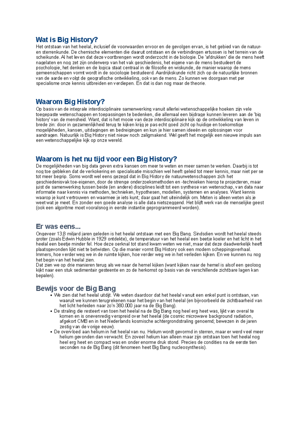 Samenvatting drempel 1,2,3 anw - Wat is Big History? Het ontstaan van ...