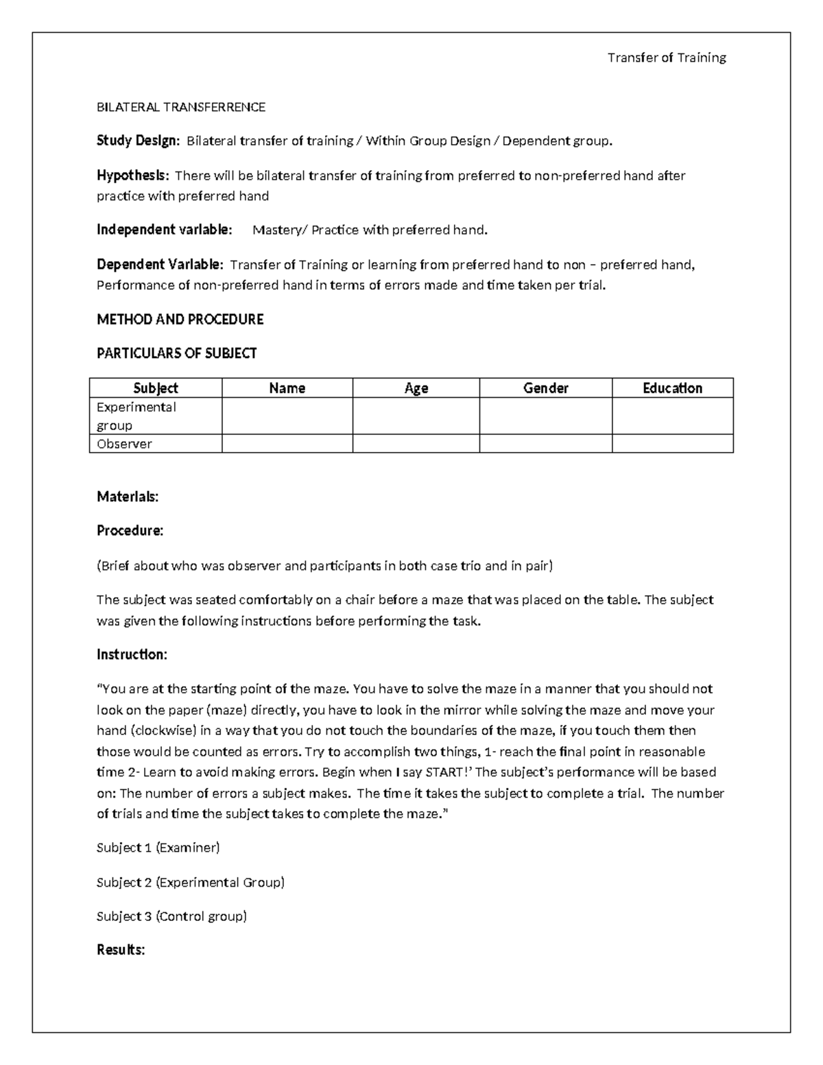 Bilateral transference - Transfer of Training BILATERAL TRANSFERRENCE ...