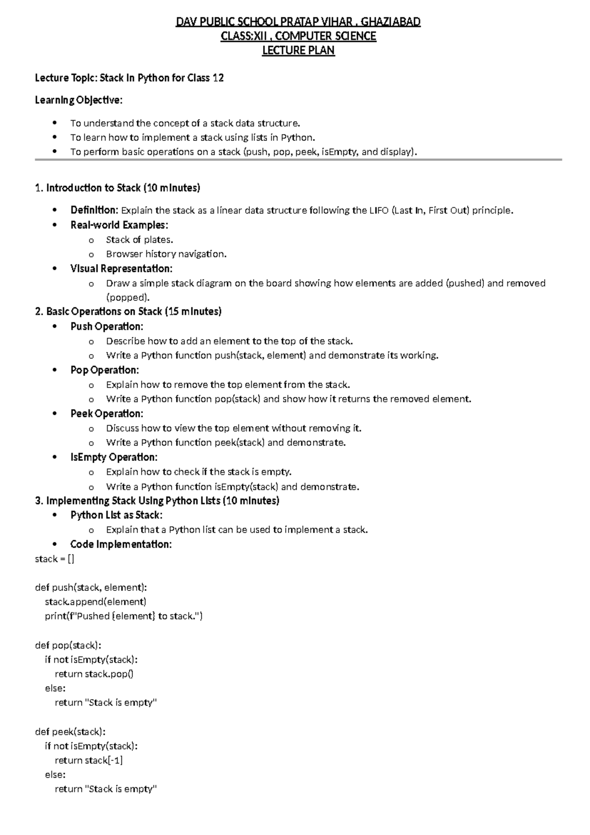 Lecture Plan Stack Text File Binary File Csv File Classxii 