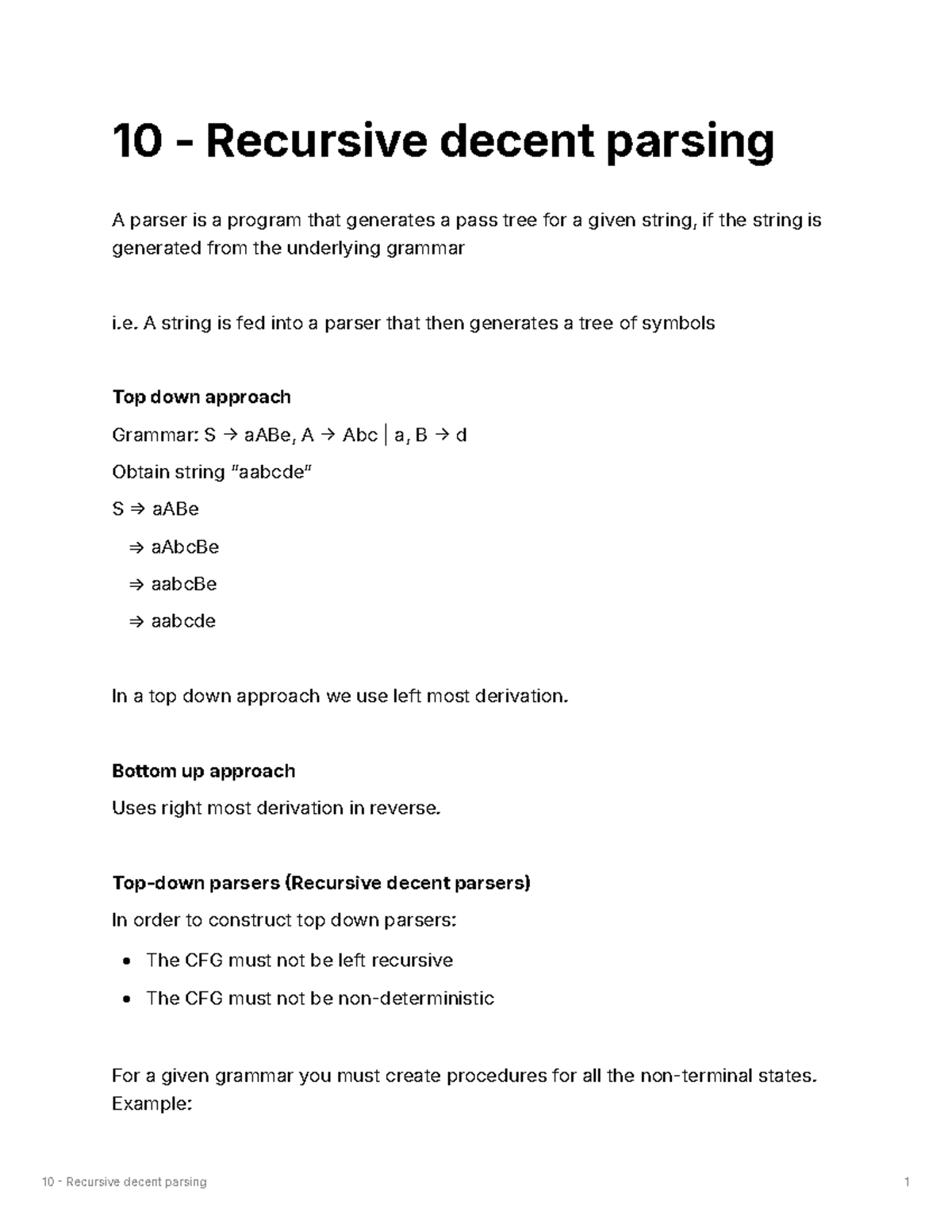 Rdp 10 Recursive Decent Parsing 1 10 Recursive Decent Parsing A