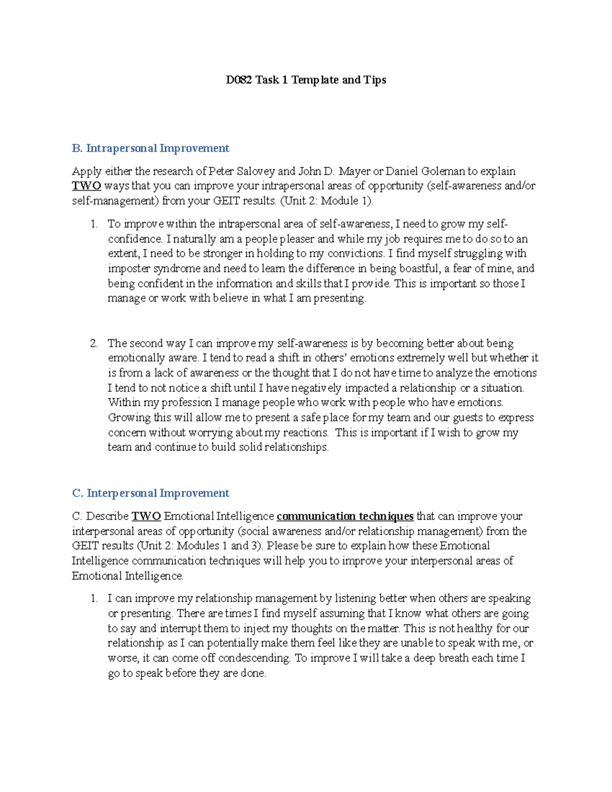 D082 Task 1 Passed - D082 Task 1 Template and Tips B. Intrapersonal Improvement Apply either the ...