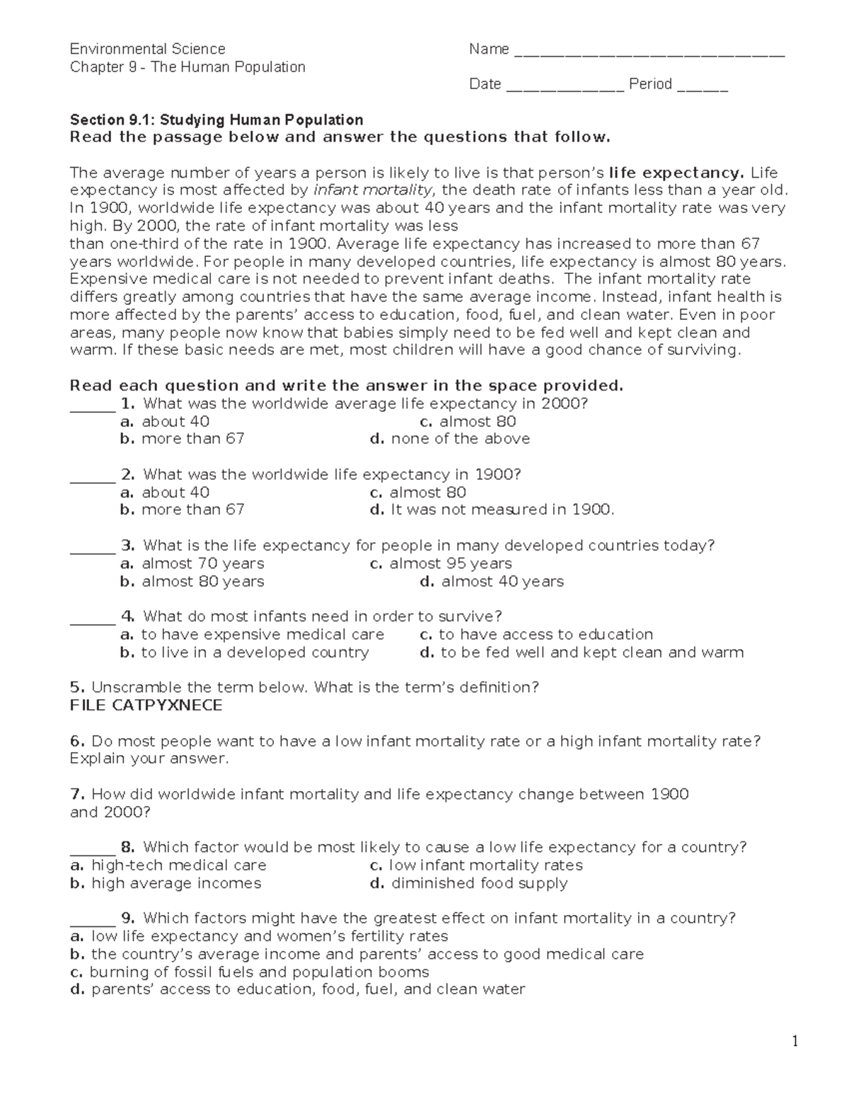 Es chapter 9 active reading - Environmental Science Name