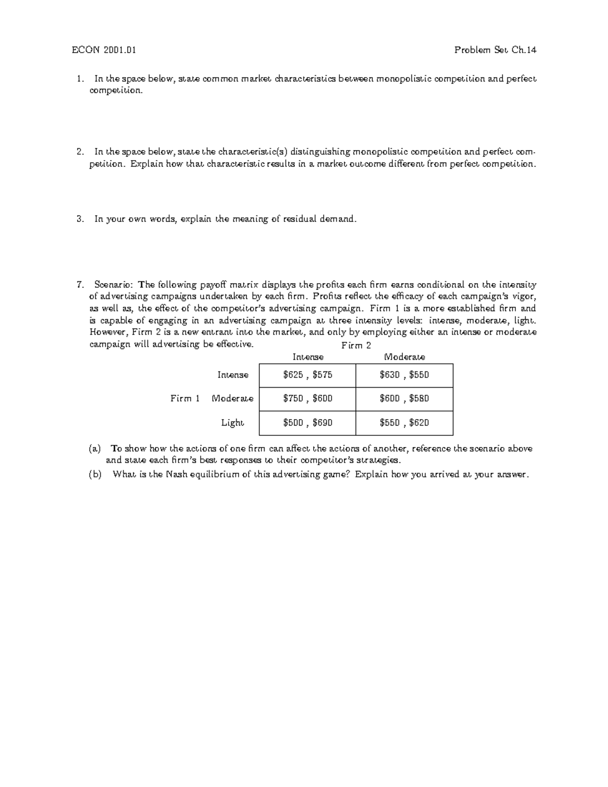 Solutions erased chapter 14 problem set - ECON 2001 Problem Set Ch. In the space below, state ...