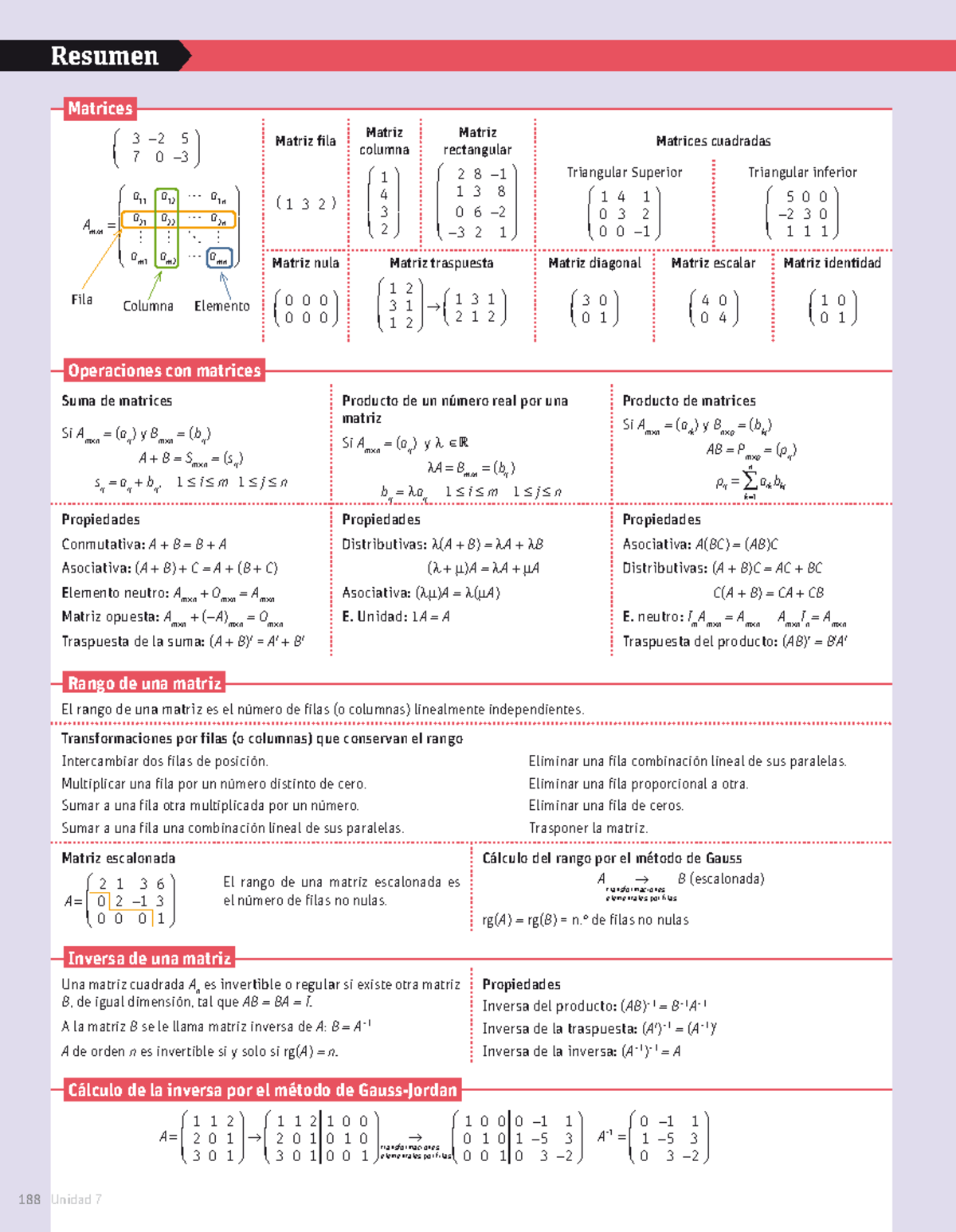 1. Resumen Matrices - Resumen 188 Unidad 7 Cálculo de la inversa por el ...