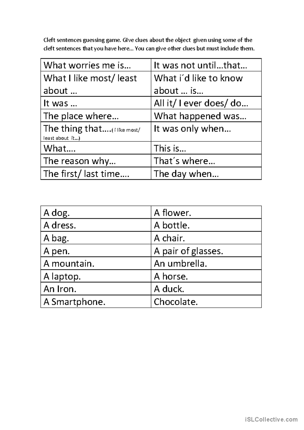 Cleft sentences guessing-game - GIve clues about the object given using ...