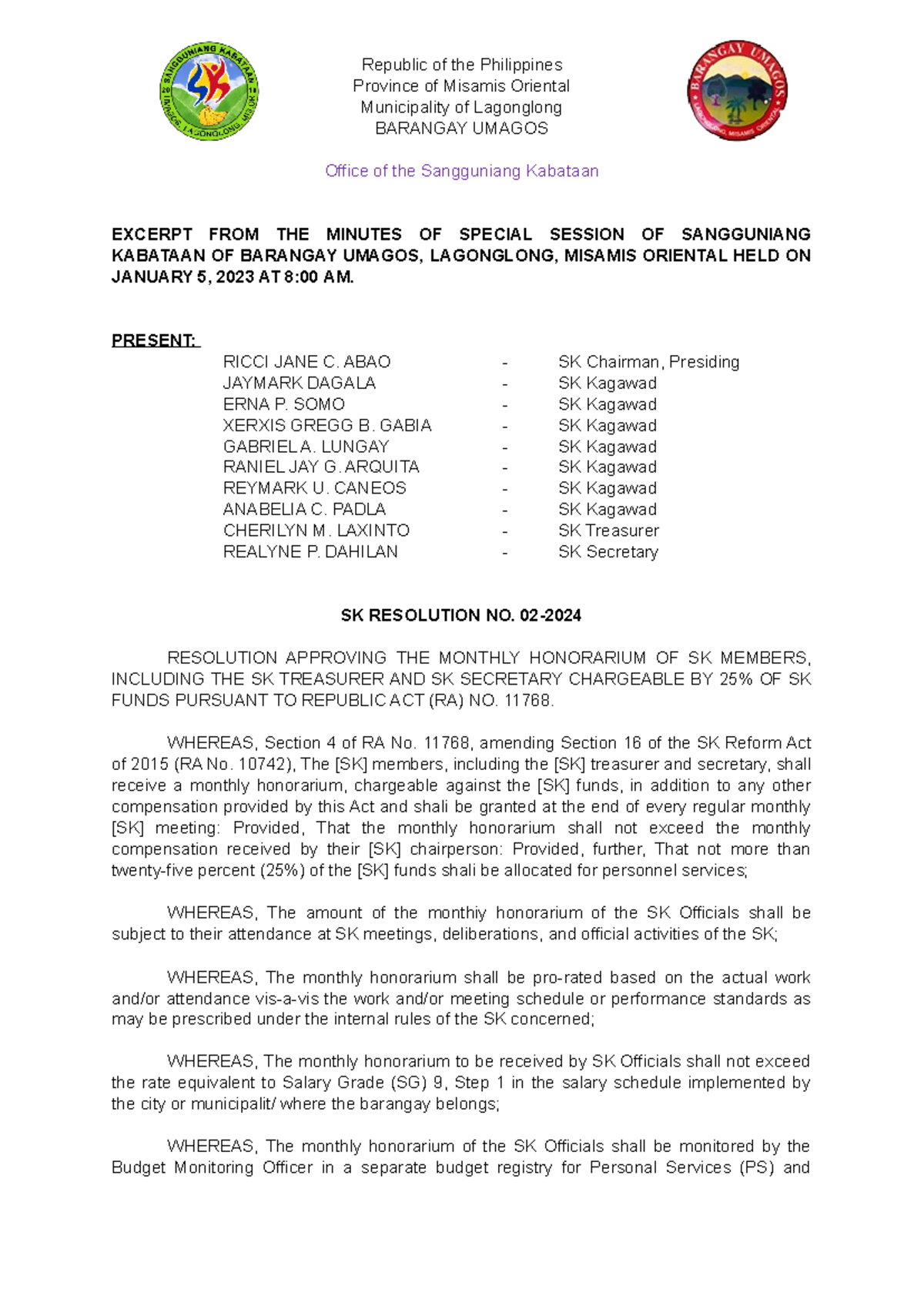Resolution for honorarium - Republic of the Philippines Province of ...