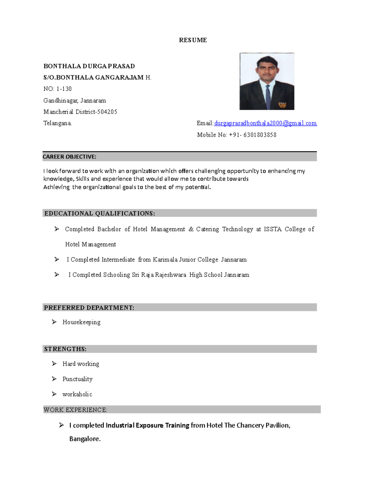 Bonthala Durgaprasad Resume 1 - CAREER OBJECTIVE: RESUME BONTHALA DURGA PRASAD S/O GANGARAJAM H ...