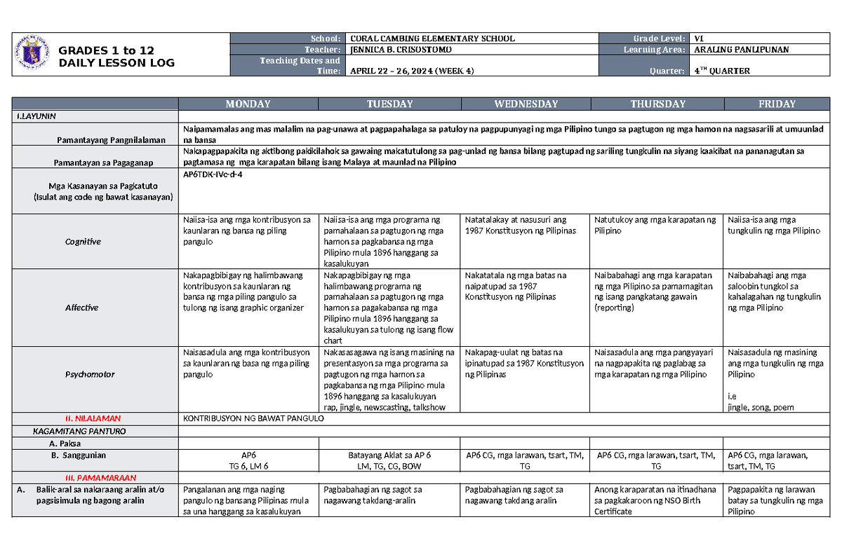 DLL Araling Panlipunan 6 Q4 W4 - GRADES 1 to 12 DAILY LESSON LOG School: CORAL CAMBING ...