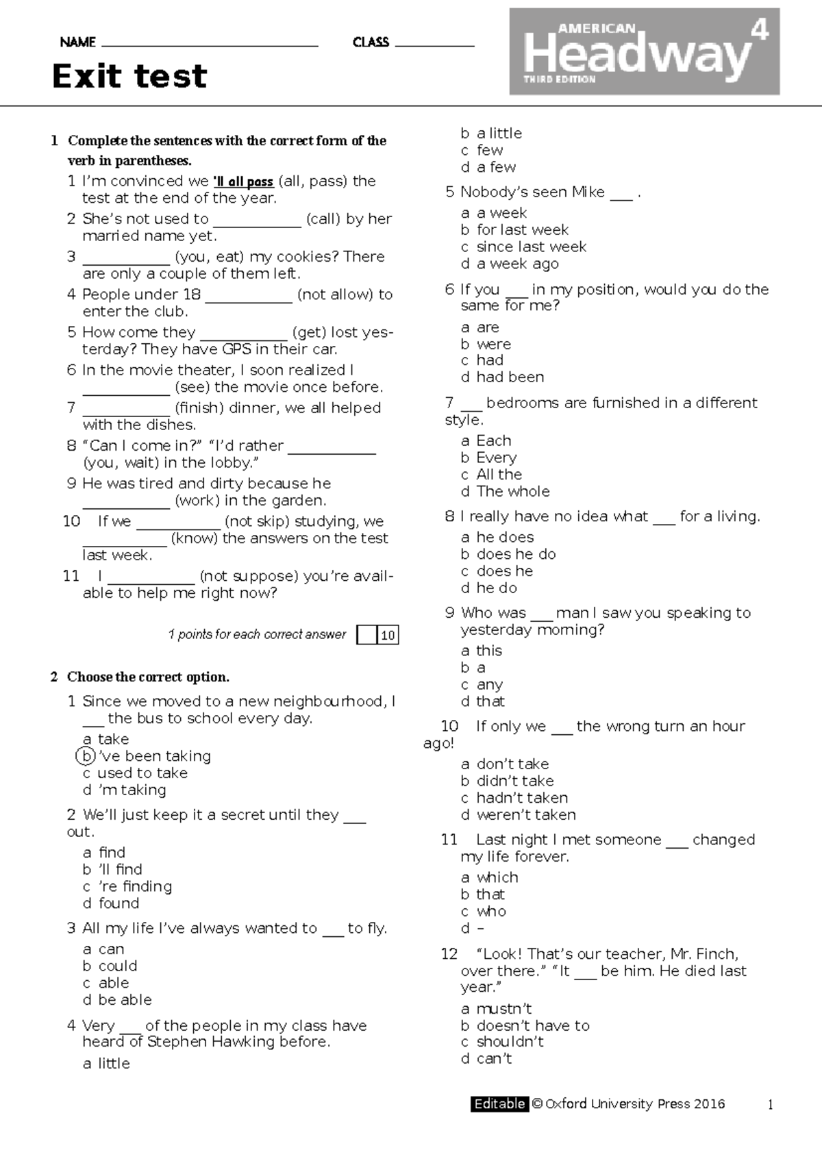AHW3e Level-04 Exit-Test-1-1 - 1 Complete the sentences with the ...