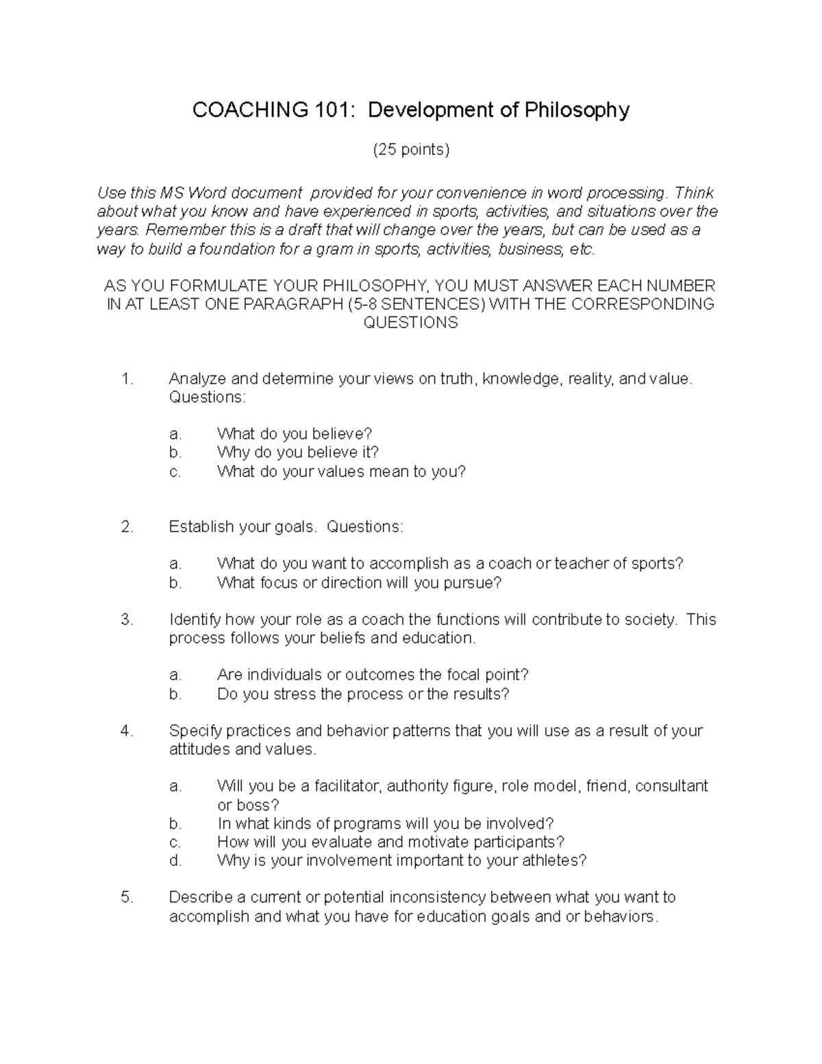 Dev Philosophy Assignment - COACHING 101: Development of Philosophy (25 ...