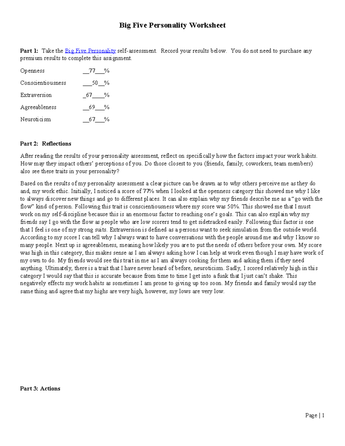 Big Five Personality Worksheet - Record your results below. You do not ...