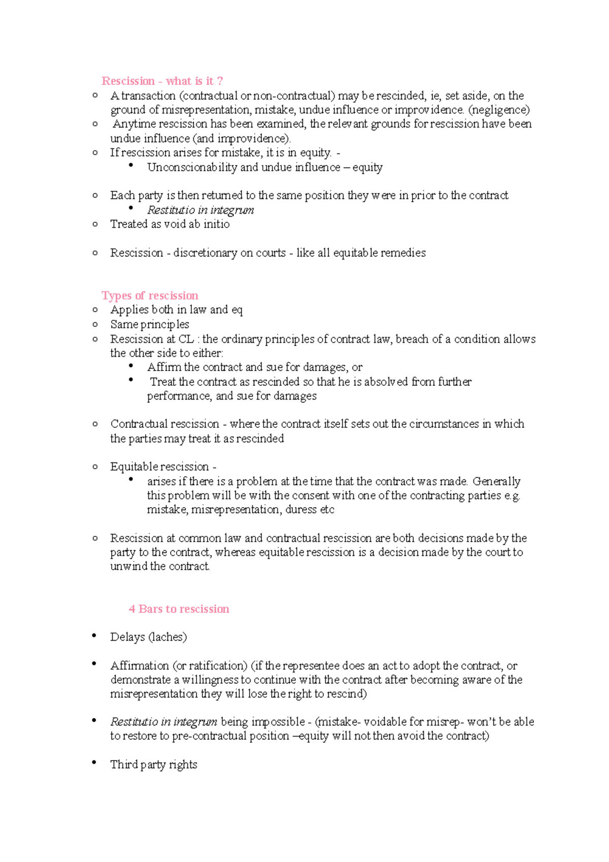 Rescission fe1 prep notes - Rescission - what is it? o A transaction ...