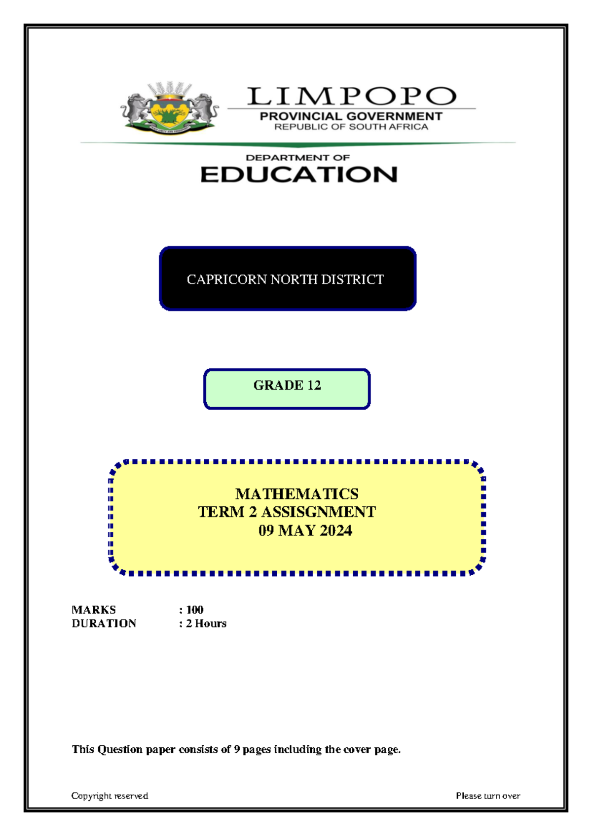 2024 TERM 2 Maths GR.12 Assignment-1 - NSC MARKS : 100 DURATION : 2 ...